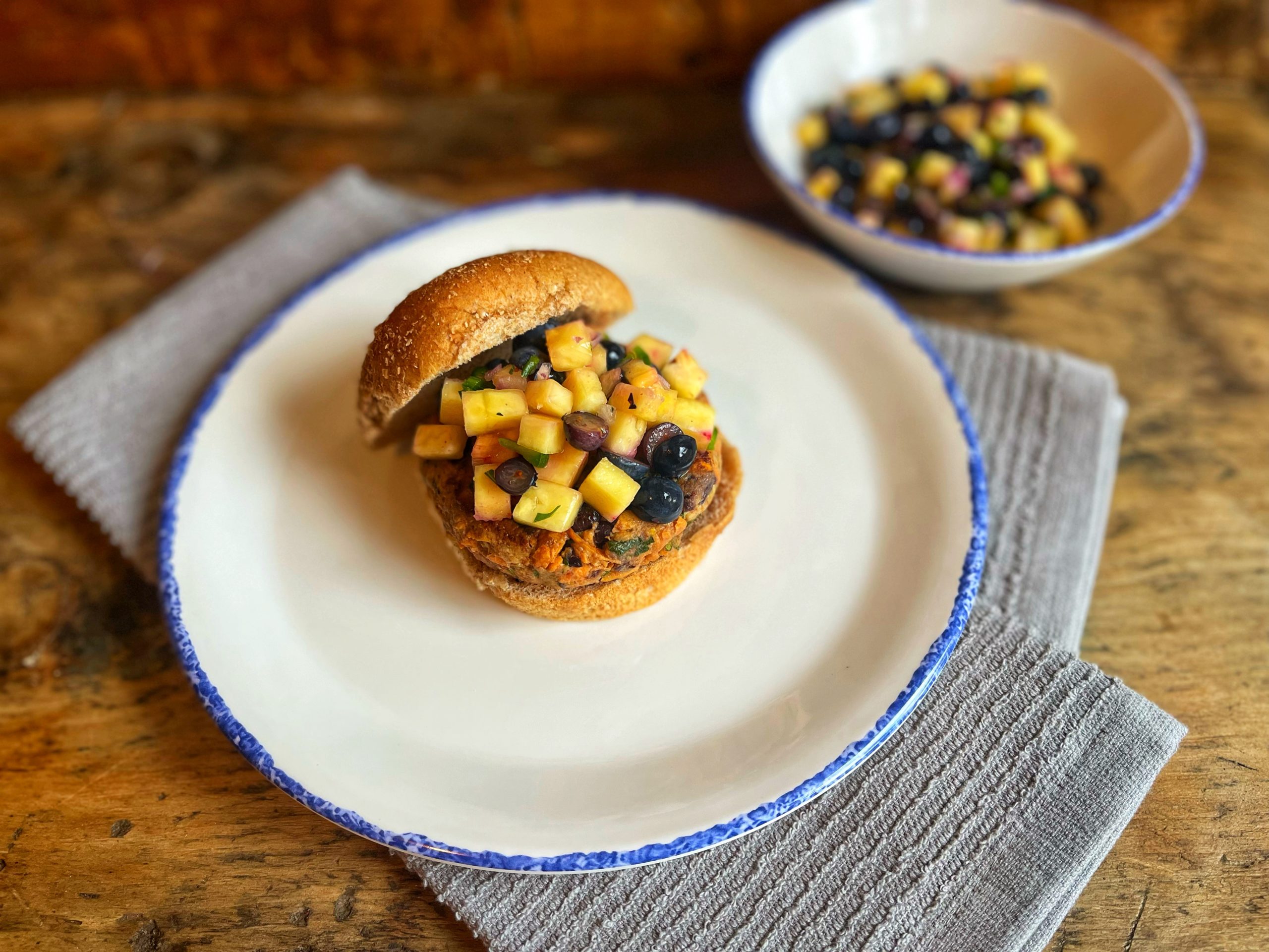 BBQ Spiced Chicken, Black Bean, & Sweet Potato Burger with Blueberry ...